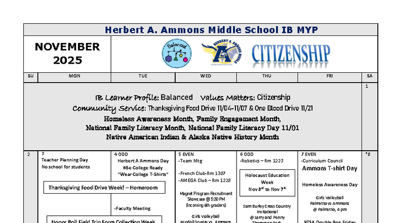 Herbert A. Ammons Middle School IB MYP November 2025 Calendar - Studocu