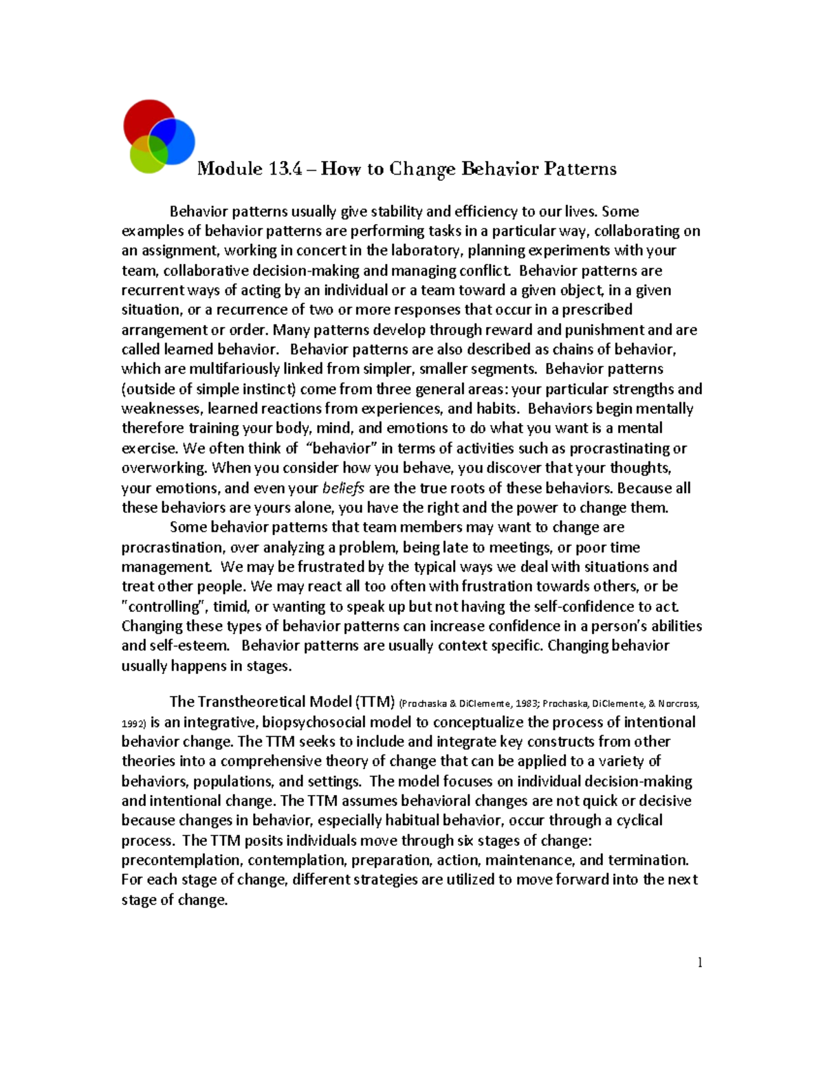 Behavior Change Strategies in Module 13-4: Understanding TTM Stages ...