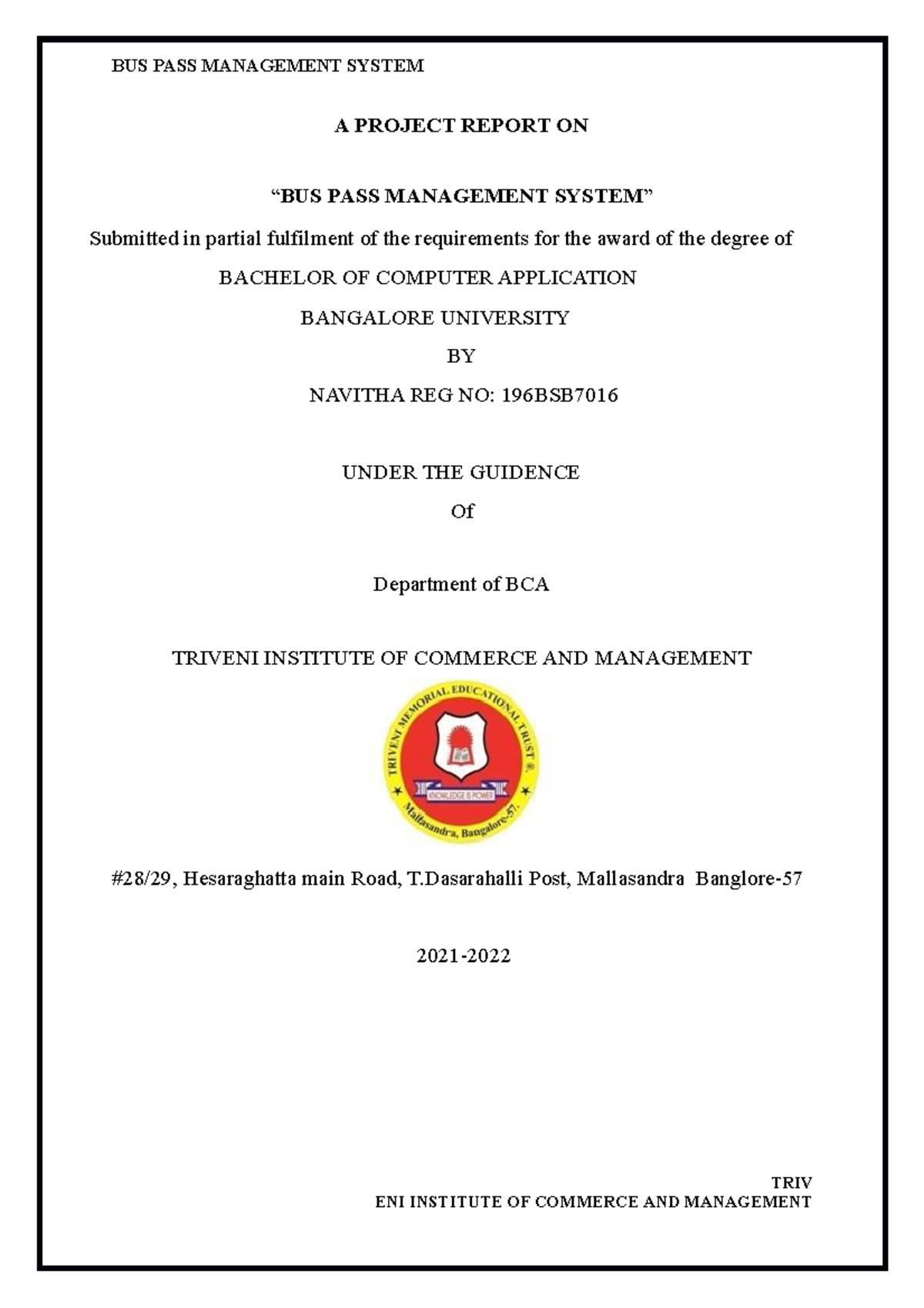 Project Report on Bus Pass Management System - BCA 2021-2022 - Studocu