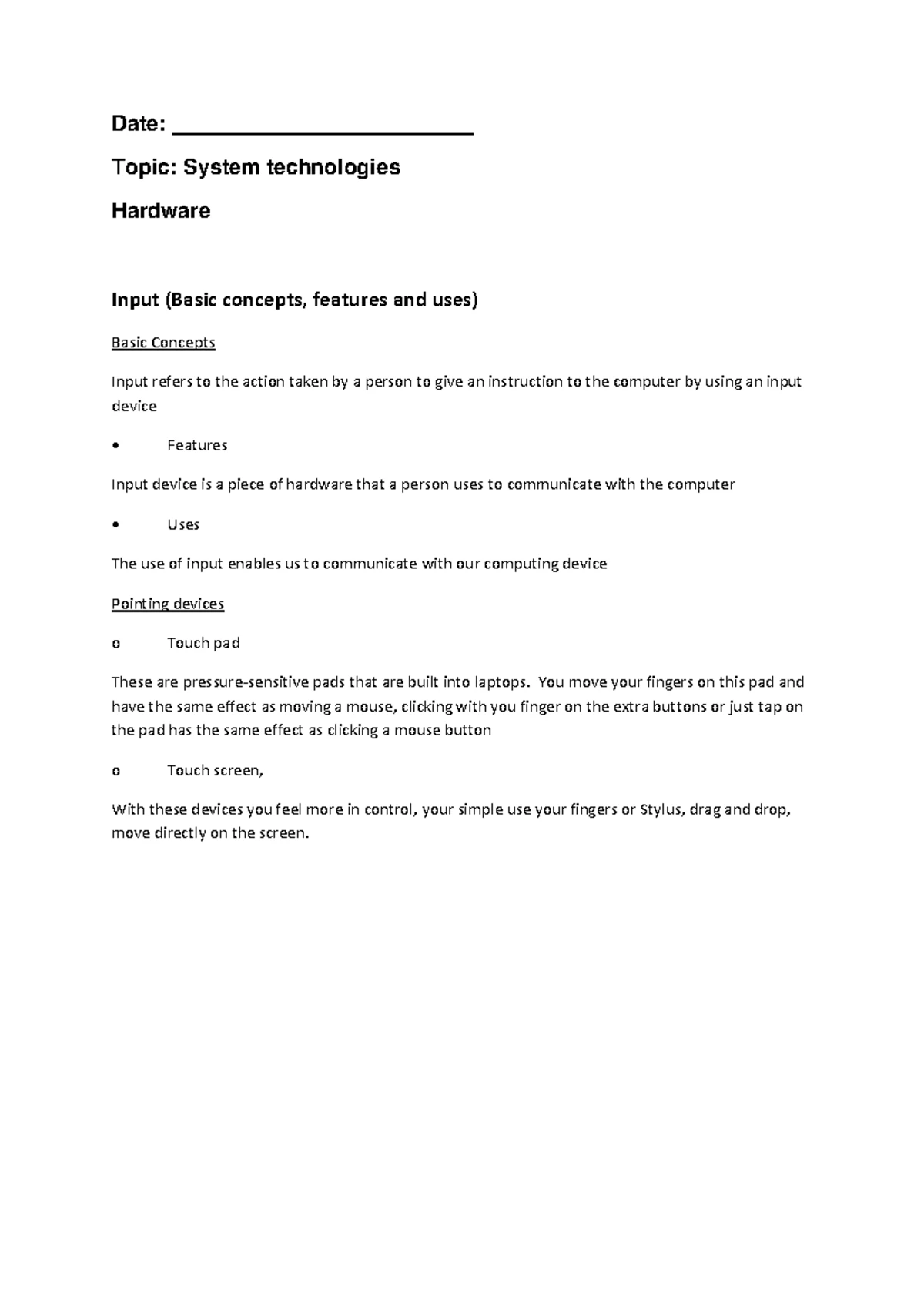 CAT Grade 12 Lecture Notes - Input Devices in Hardware (Part 1) - Studocu