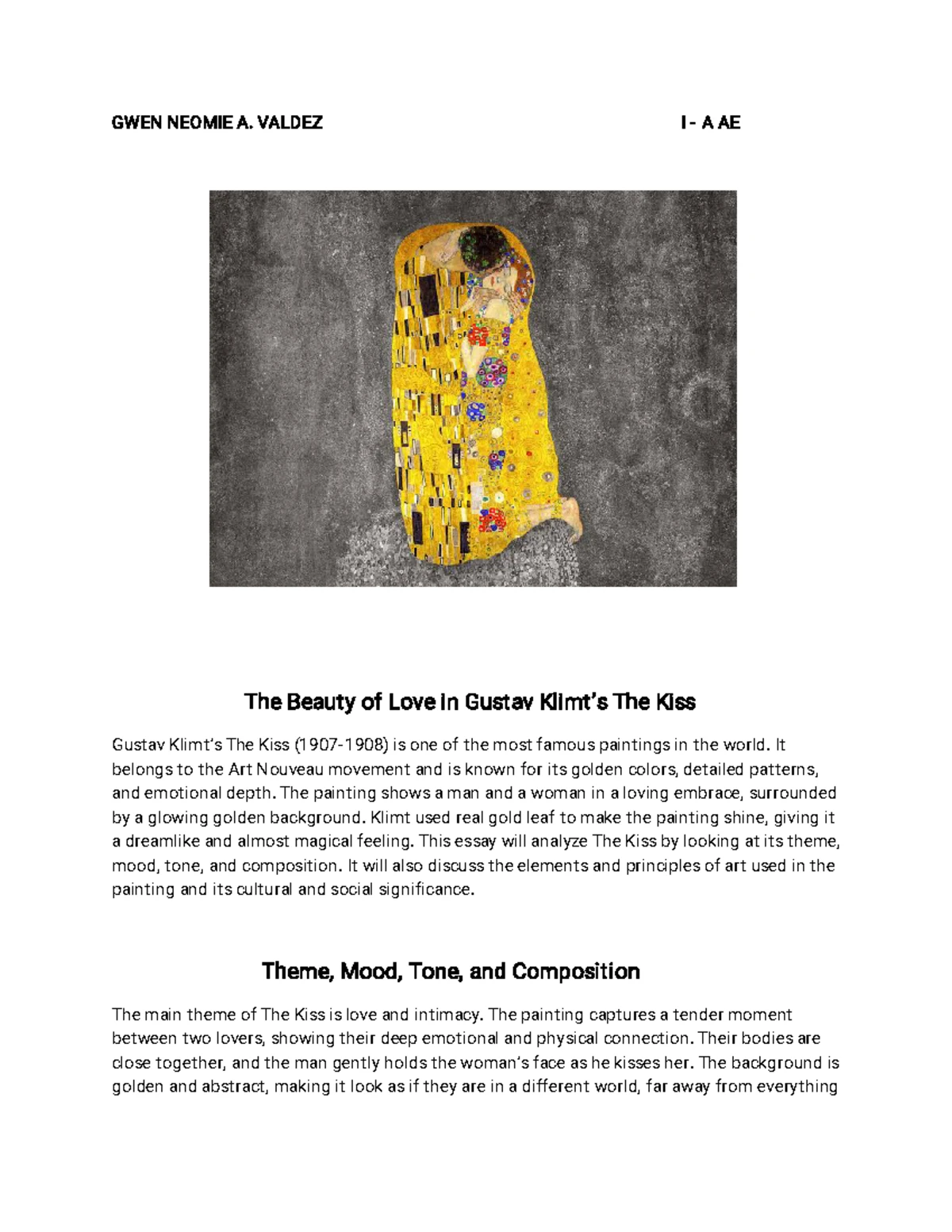 GWENNEOMI EA.VALDEZ Essay on Gustav Klimt's "The Kiss" Analysis - Studocu