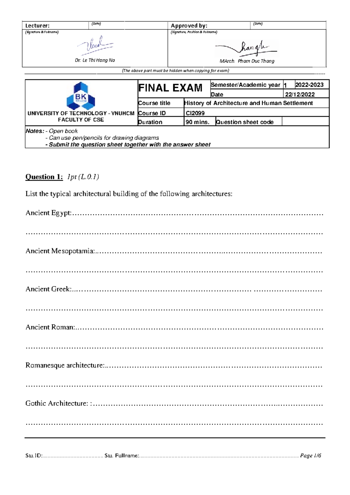 2022 Final EXAM - History of Architecture and Human Settlements HK221 ...