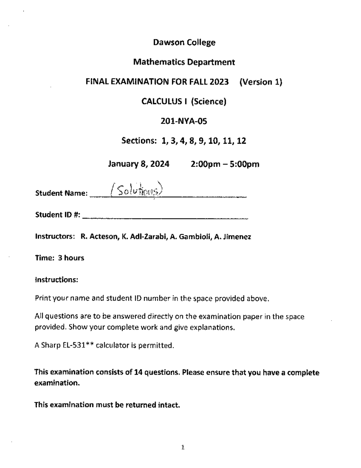 Dawson College MATH 101 FINAL EXAM FALL 2023 - Calculus Sections 1-12 ...