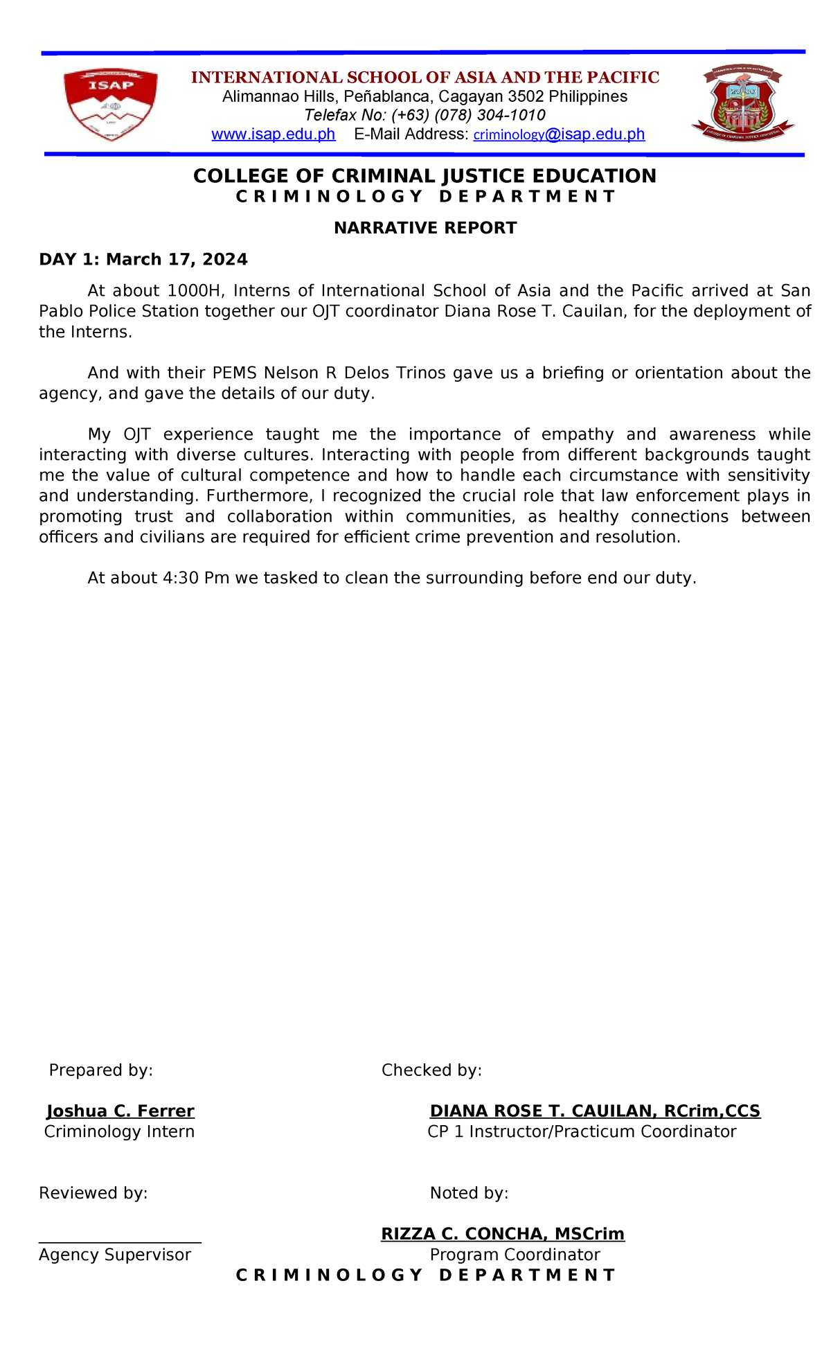 Internship Narrative Report of Joshua Ferrer: Criminology OJT CP 1 ...