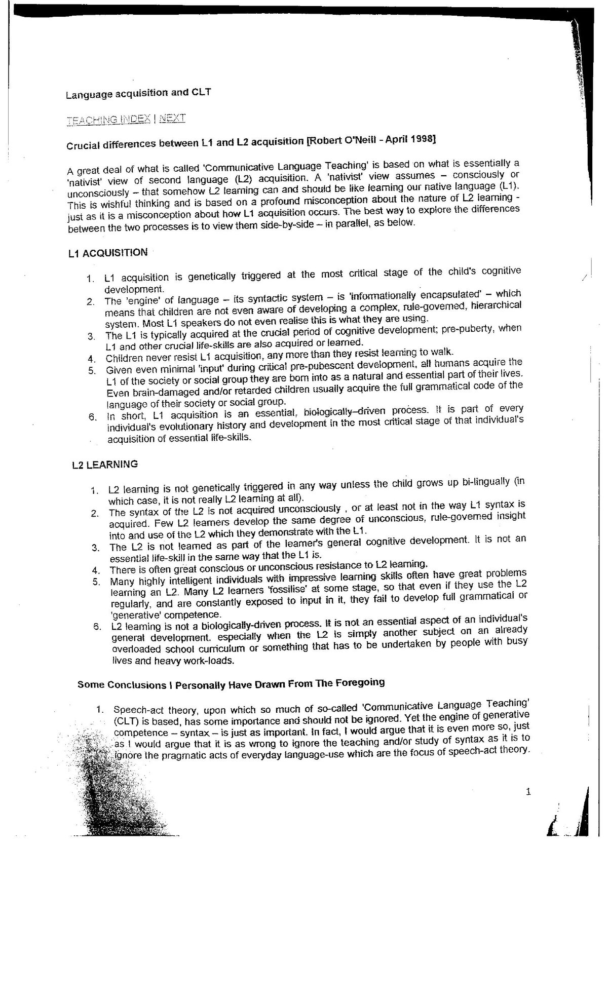 Language Acquisition and CLT: Key Differences Between L1 and L2 - Studocu