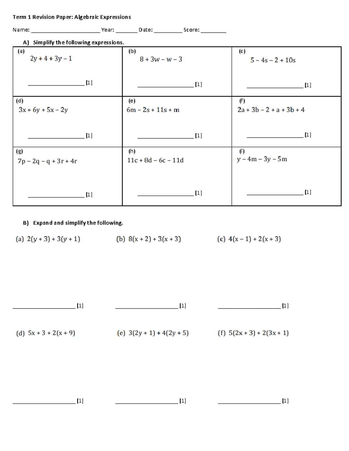 Revision - Algebraic Expressions Part 2 - Mathematics - Term 1 Revision ...
