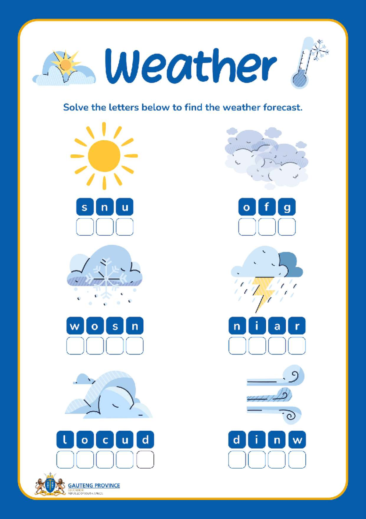 Weather Symbols Worksheet - BEI7312 - Weather Solve the letters below ...