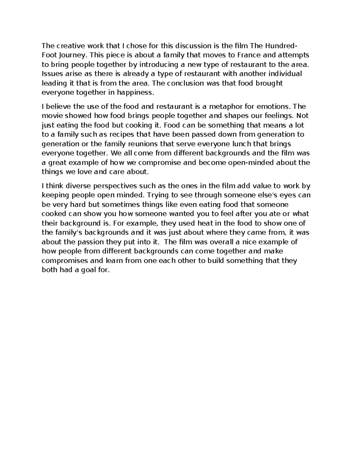 Discussion Module 2 - Analysis of "The Hundred-Foot Journey" Film - Studocu