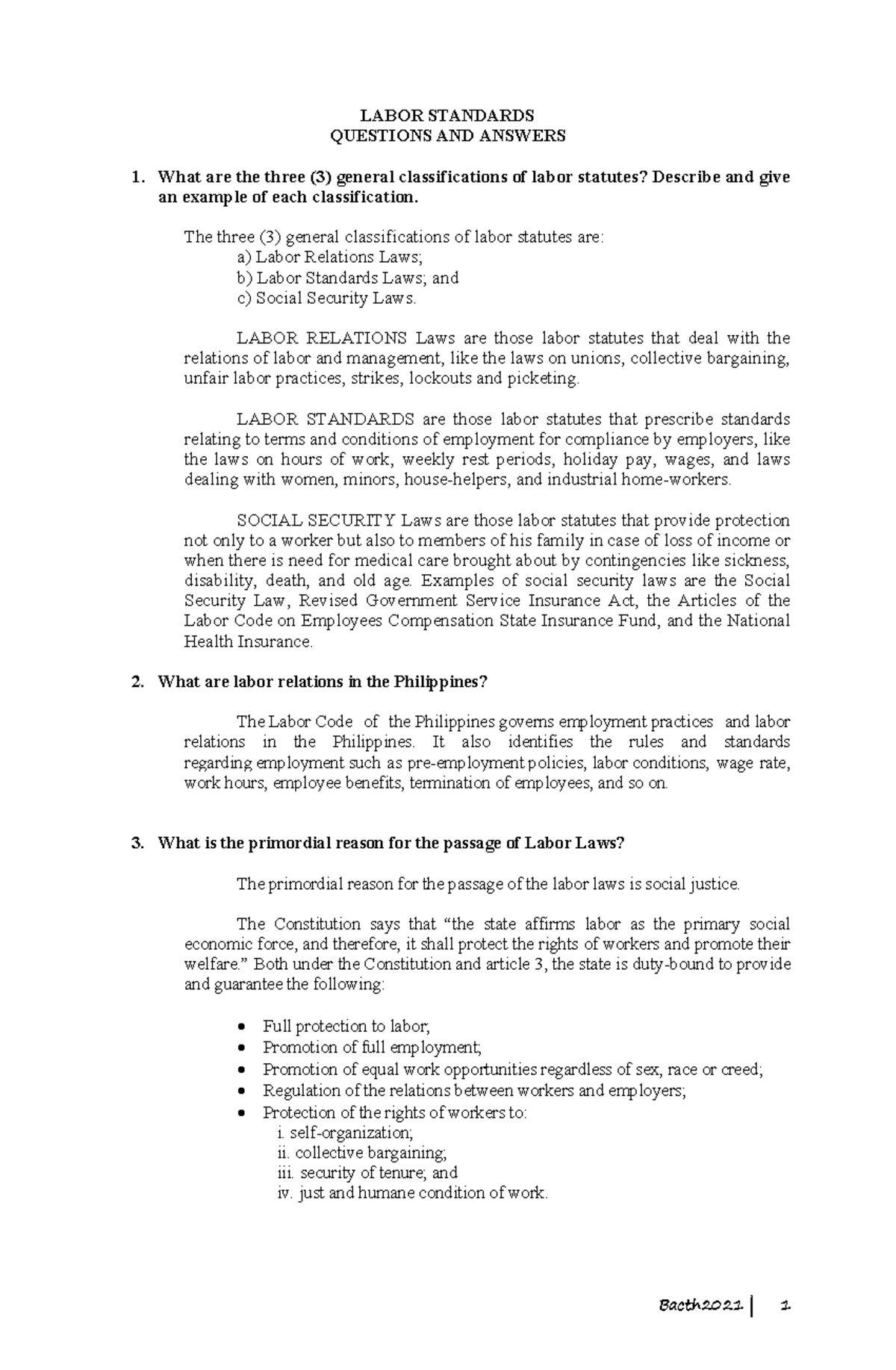Labor Standards: Key Questions & Answers for Review - Studocu