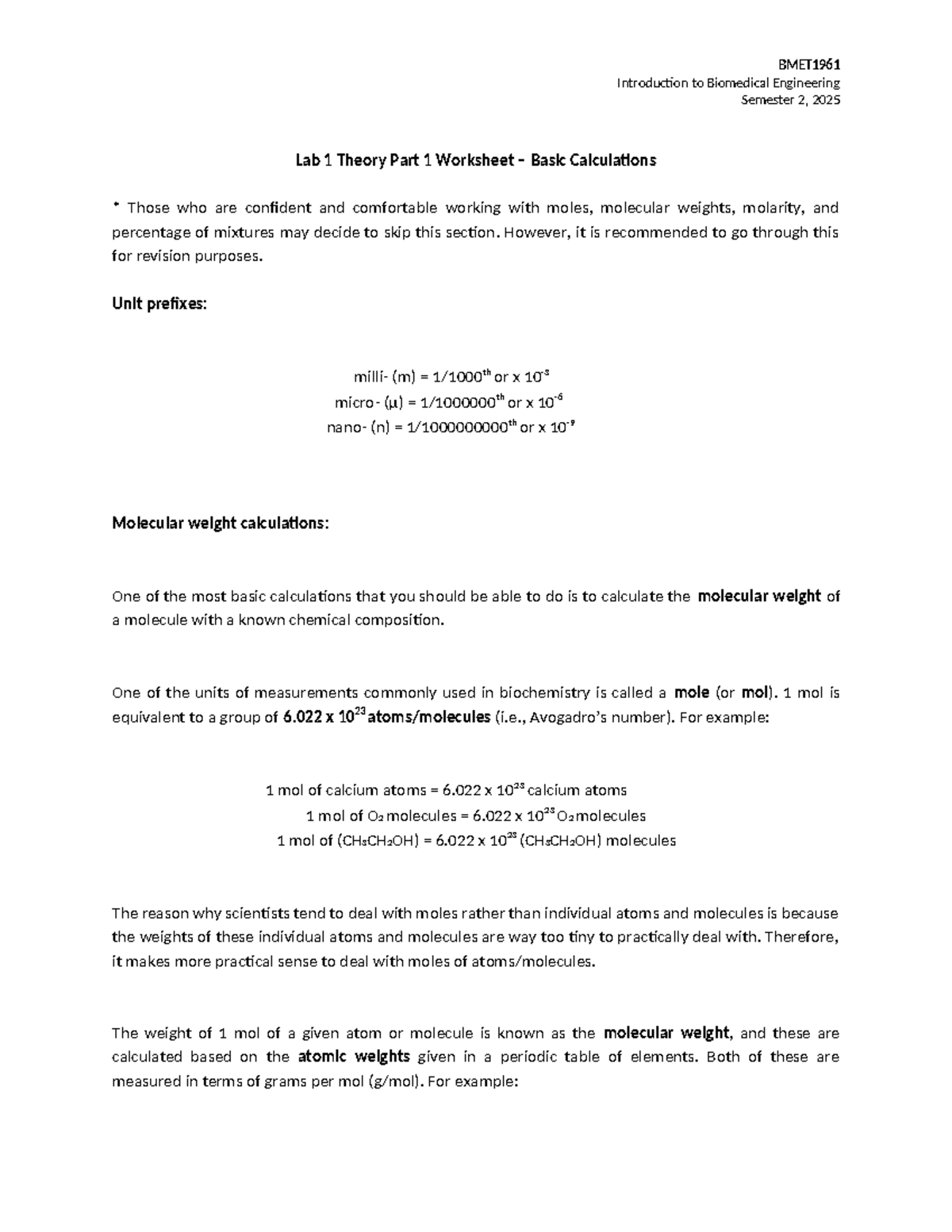 BMET1961 Lab 1 Worksheet: Basic Calculations for Mole Concepts - Studocu