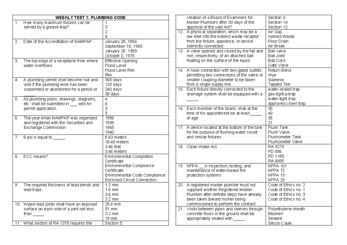 Weekly Test 1: Plumbing Code Review Questions - Studocu