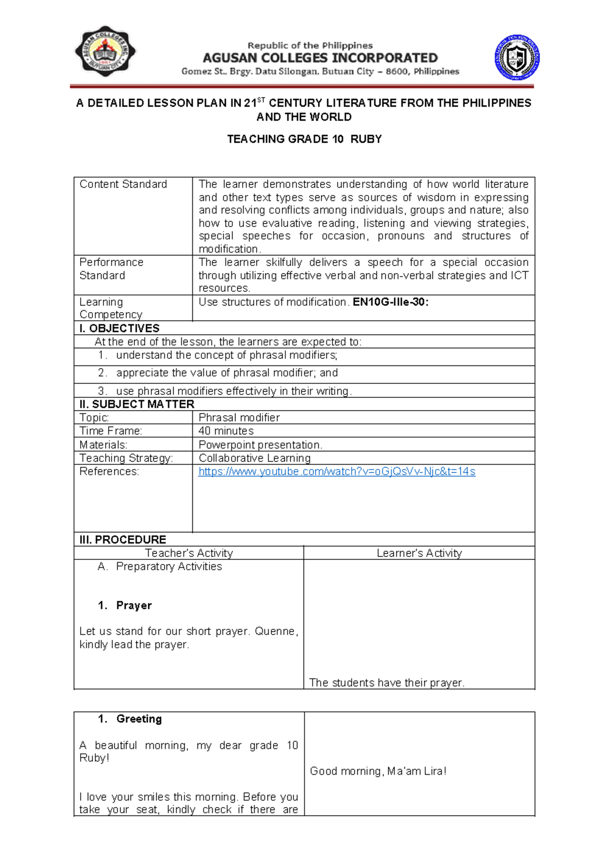 Grade 10 Ruby: Detailed Lesson Plan on Phrasal Modifiers - Studocu