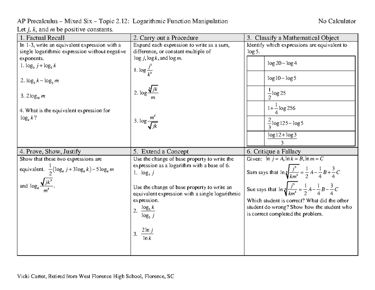 AP Precalculus - Mixed Six - Topic 2.12: Logarithmic Functions - Studocu