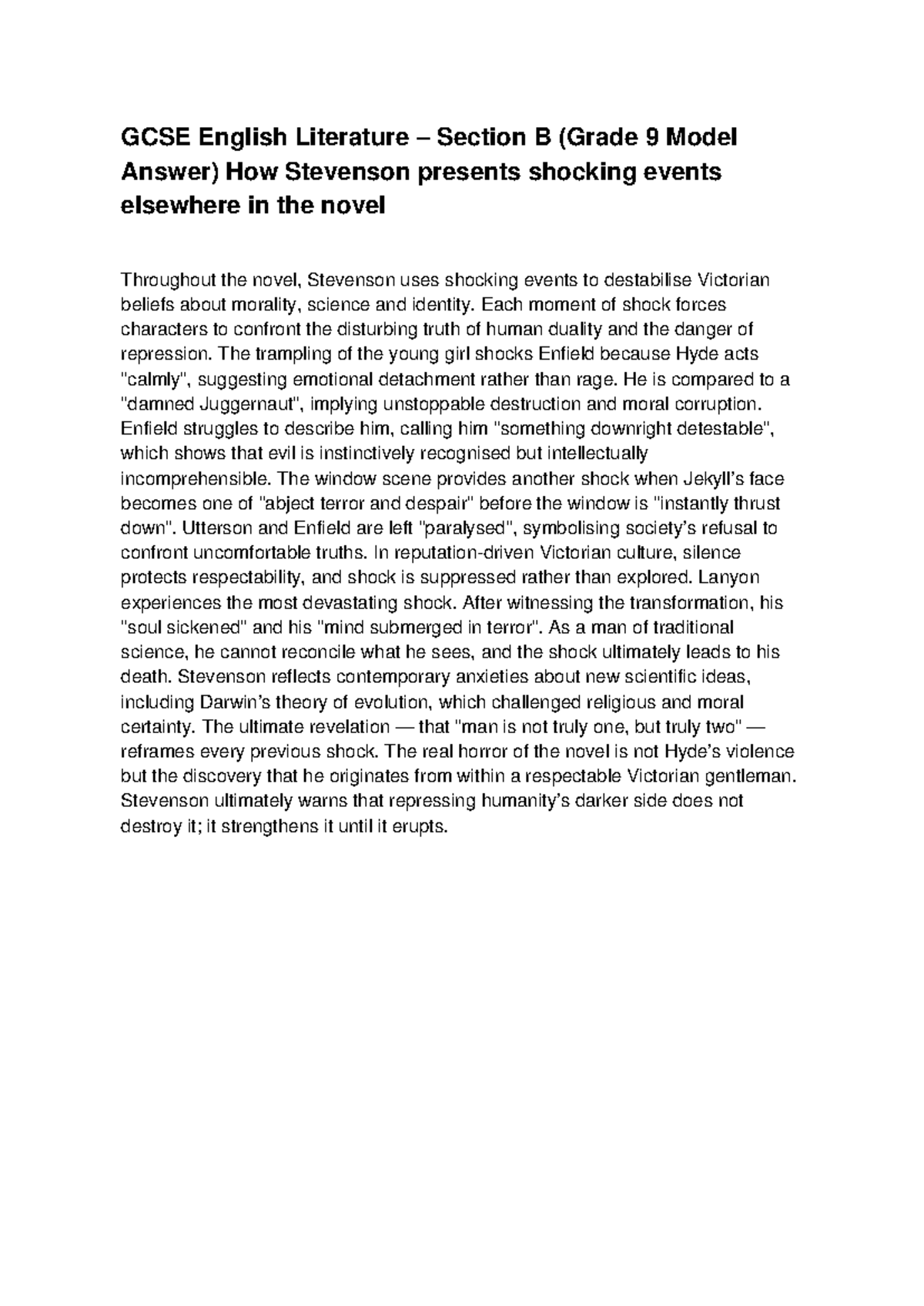 GCSE English Literature: Jekyll and Hyde Section B Grade 9 Model Answer ...