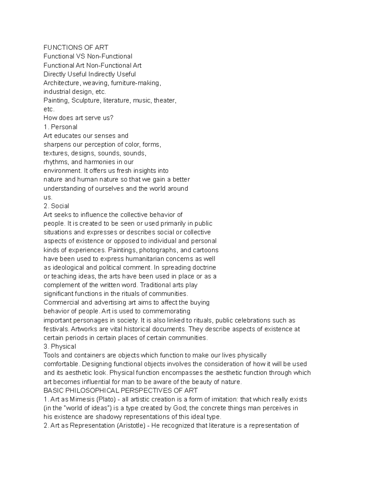 Arts 15- Functions OF ART - FUNCTIONS OF ART Functional VS Non ...