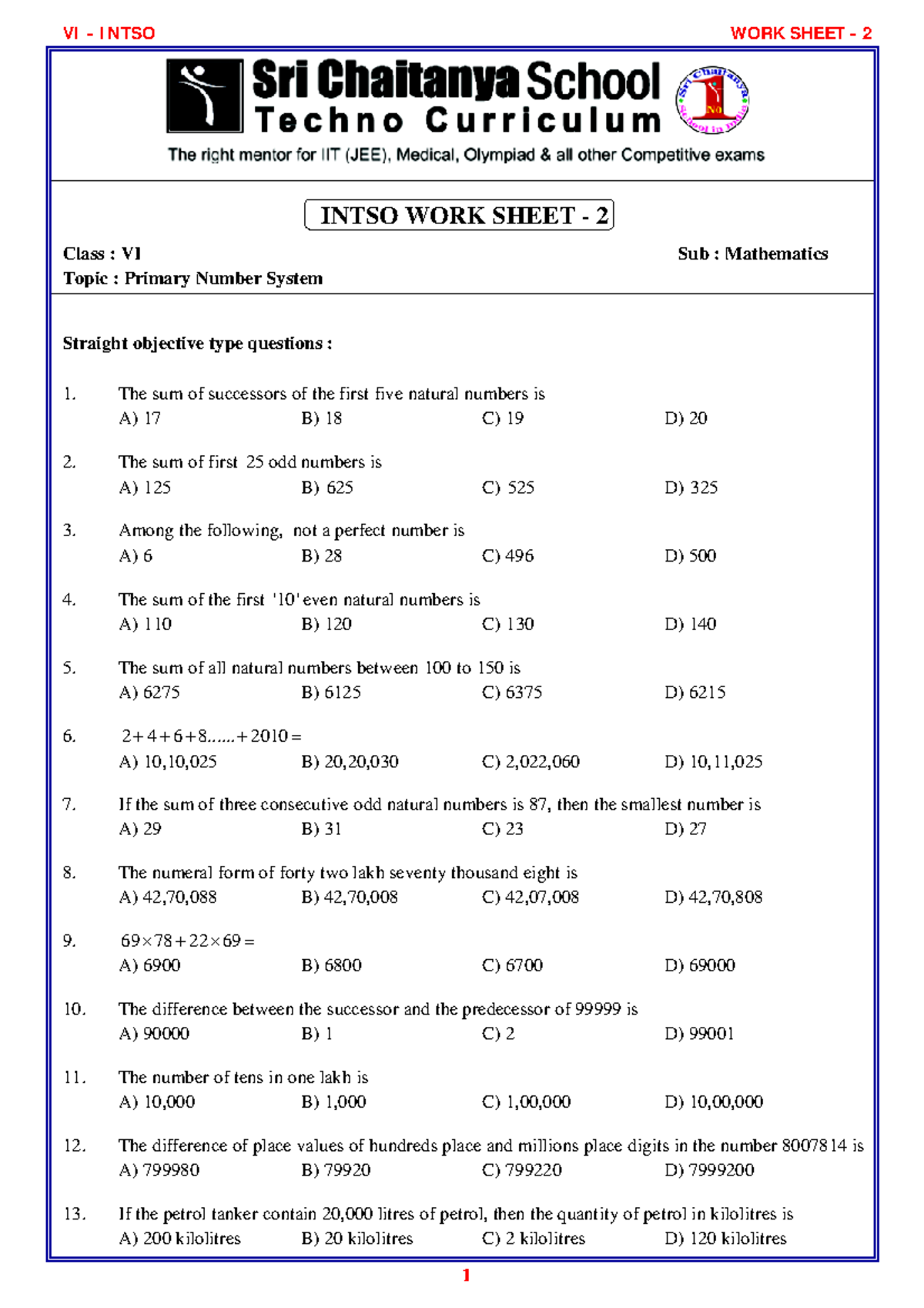 VI - INTSO Worksheet 2: Primary Number System Questions and Answers ...