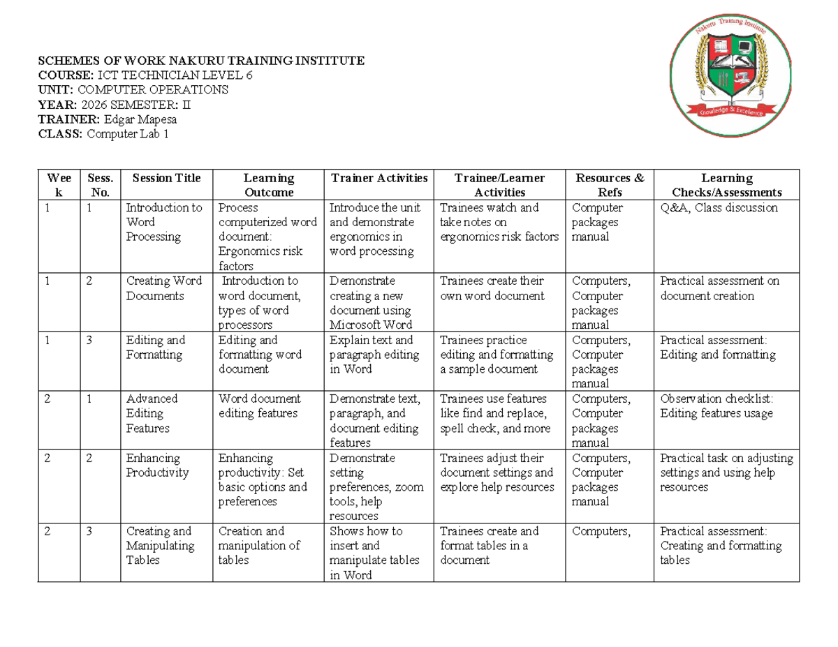 SCHEMES OF WORK: ICT TECHNICIAN LEVEL 6 - COMPUTER OPERATIONS - Studocu