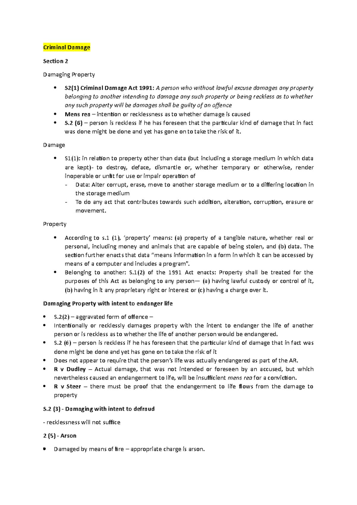 Criminal Law FE1 Notes: Understanding Criminal Damage Regulations - Studocu