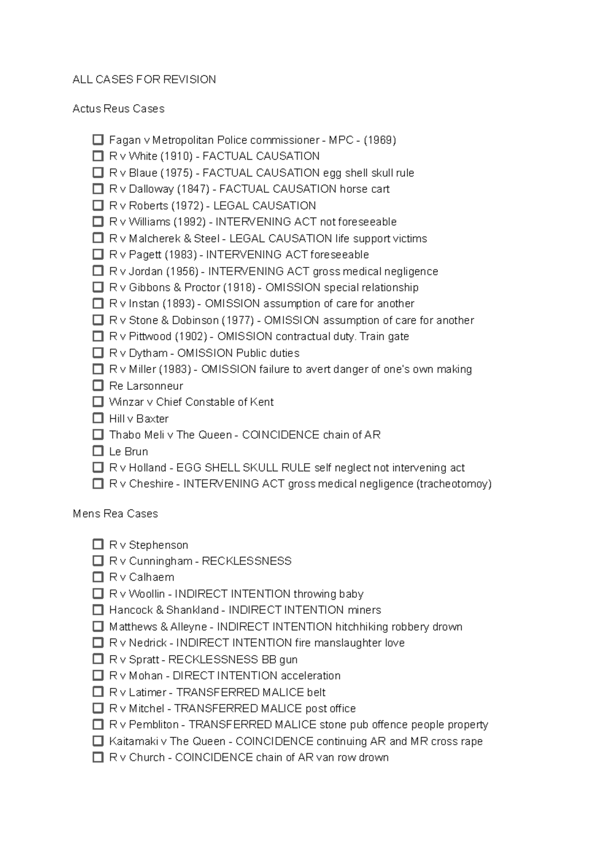 Cases for Revision Checklist: Key Legal Principles & Cases - Studocu