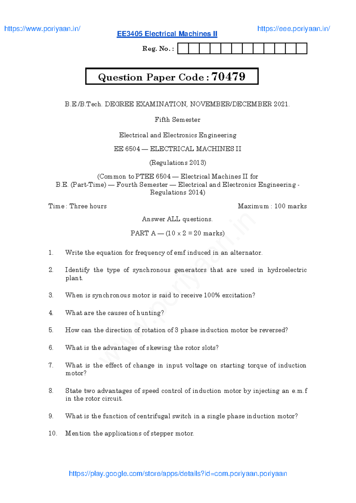 EE3405 Electrical Machines II - 2021 Question Paper & Solutions - Studocu