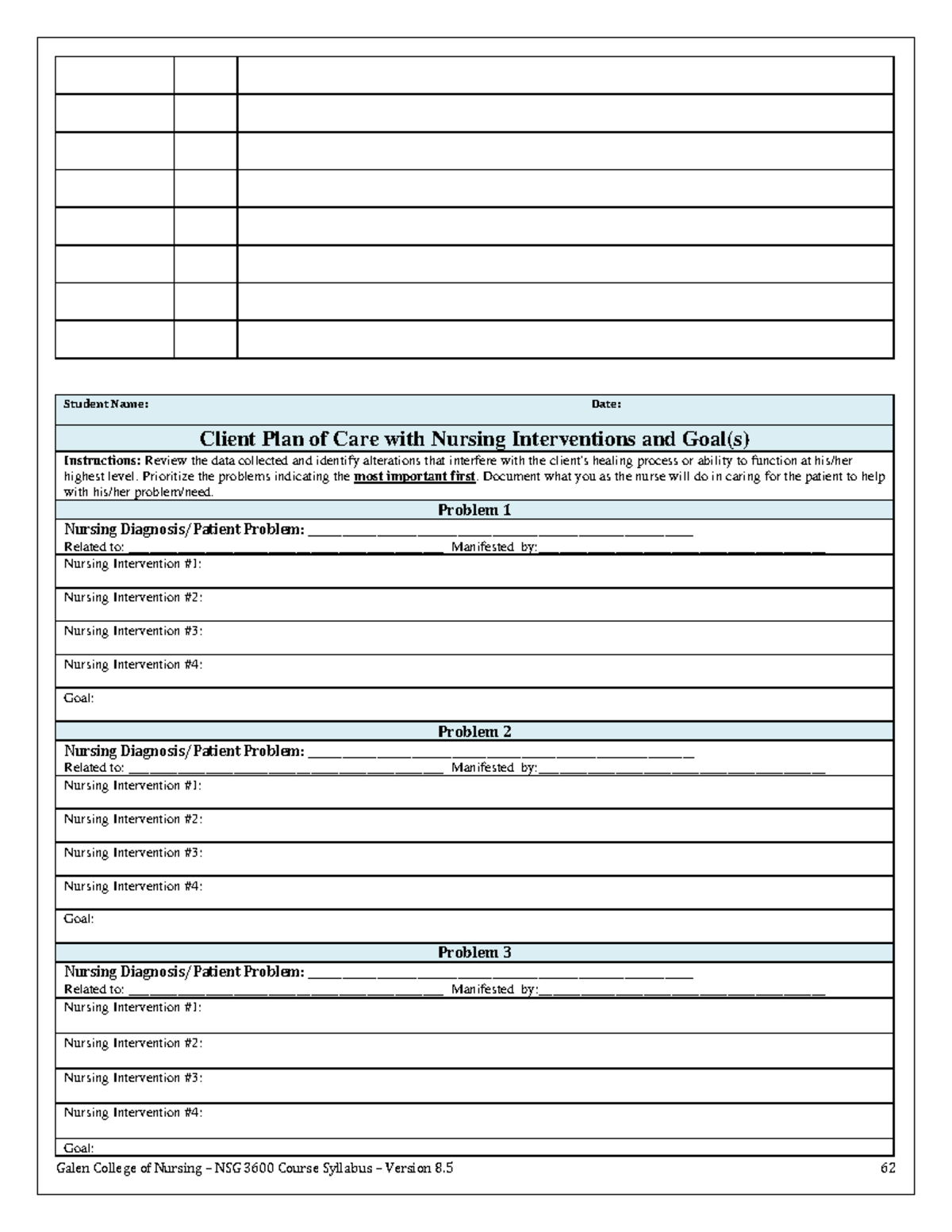NUR230 - Client Care Plan with Nursing Interventions and Goals - Studocu