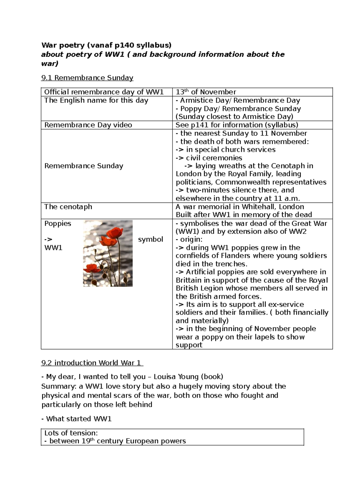 H9: War Poetry and Remembrance - Insights on WW1 and Its Impact - Studocu