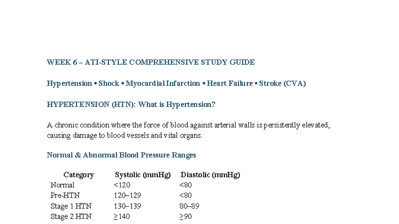 WEEK 6 STUDY GUIDE: HTN, Shock, MI, Heart Failure & Stroke (CVA) - Studocu