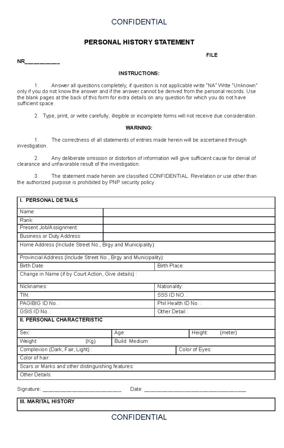 Personal History Statement Template for NR Form Completion - Studocu
