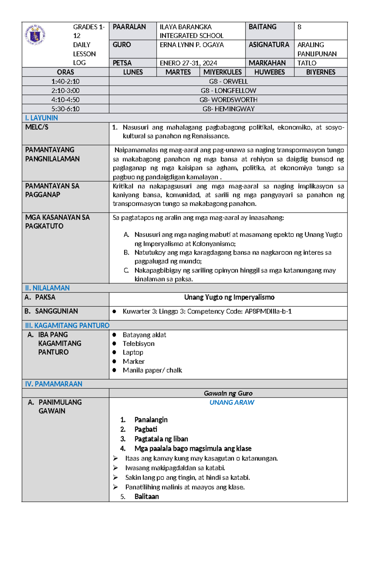 Araling Panlipunan Grade 8_3rd Grading Week 3 Lesson Plan - GRADES 1 ...