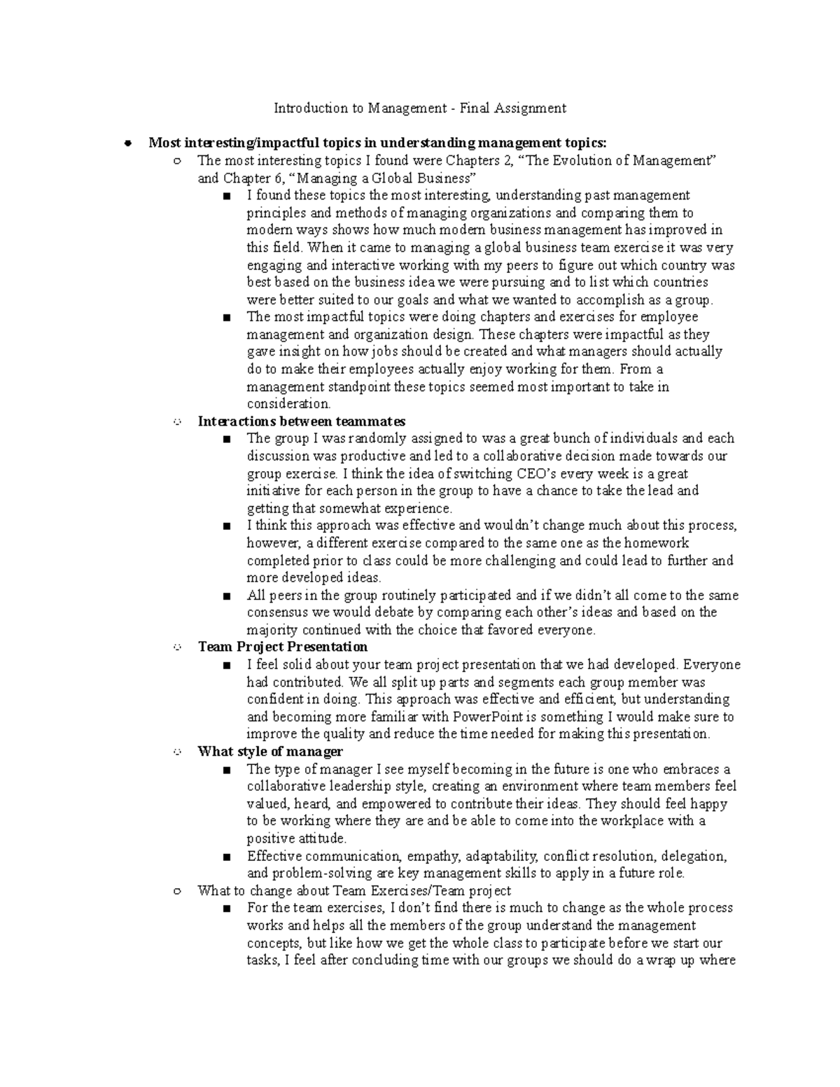 Final Two Page Paper - Management - Introduction to Management - Final ...