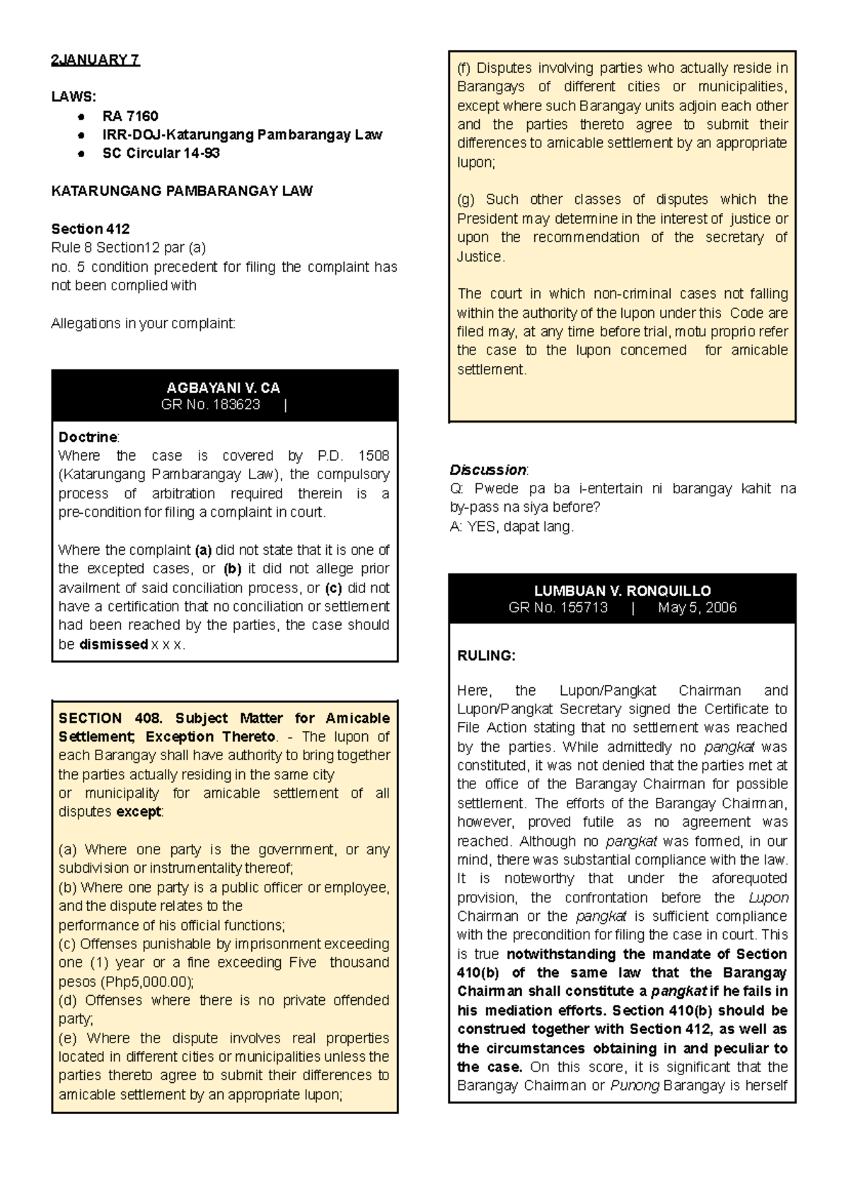 Notes of Alternative Dispute Resolution - 2JANUARY 7 LAWS: RA 7160 IRR ...