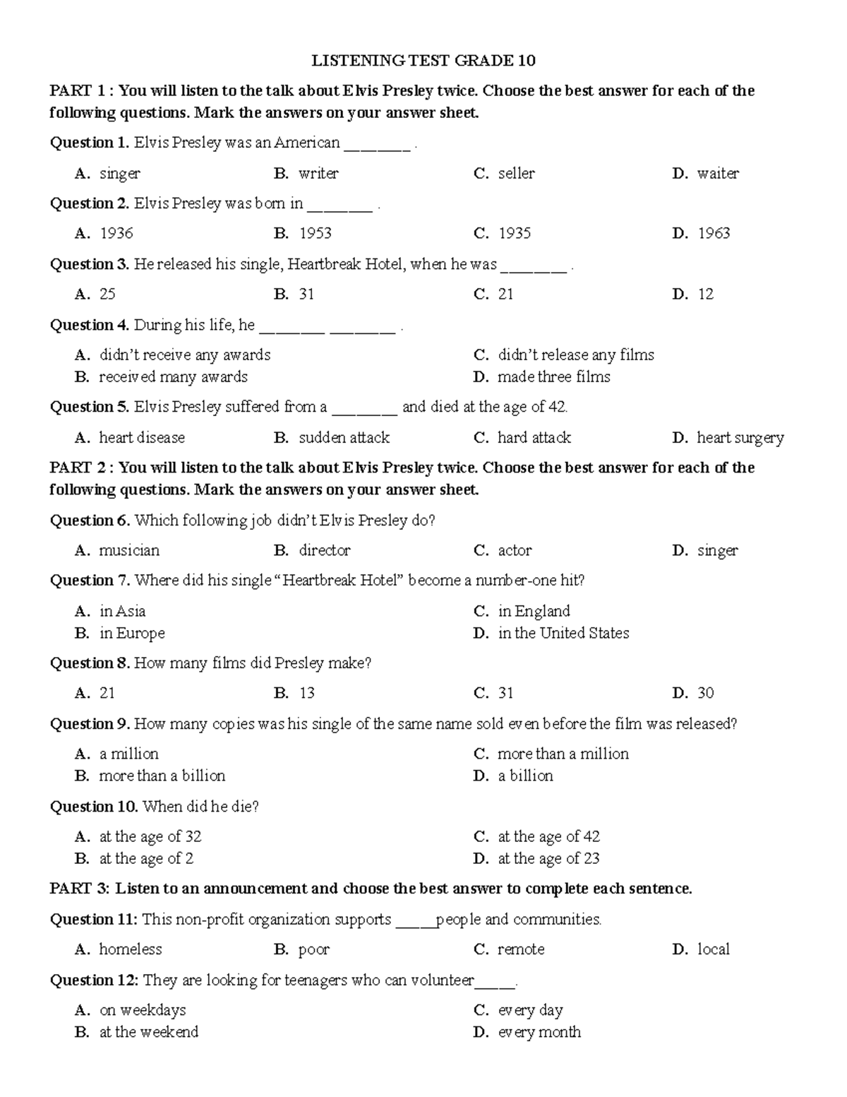 Listening Test Grade 10: Elvis Presley Insights and Questions - Studocu