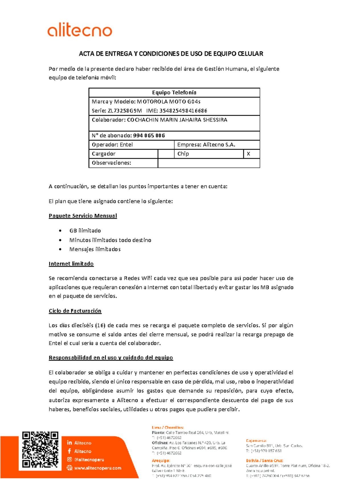 ACTA DE ENTREGA Y USO DE CELULAR - Jahaira Cochachin - Studocu