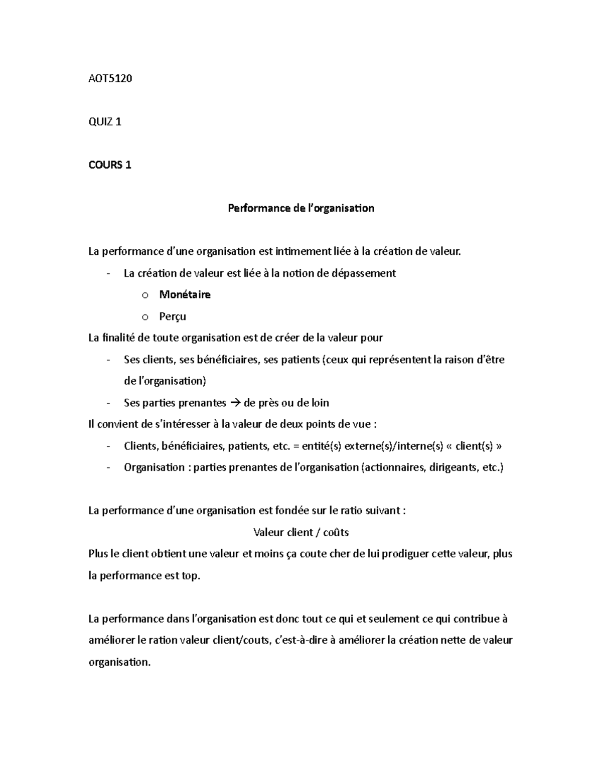 AOT5120 Quiz 1 - Notes de Cours sur la Performance Organisationnelle ...