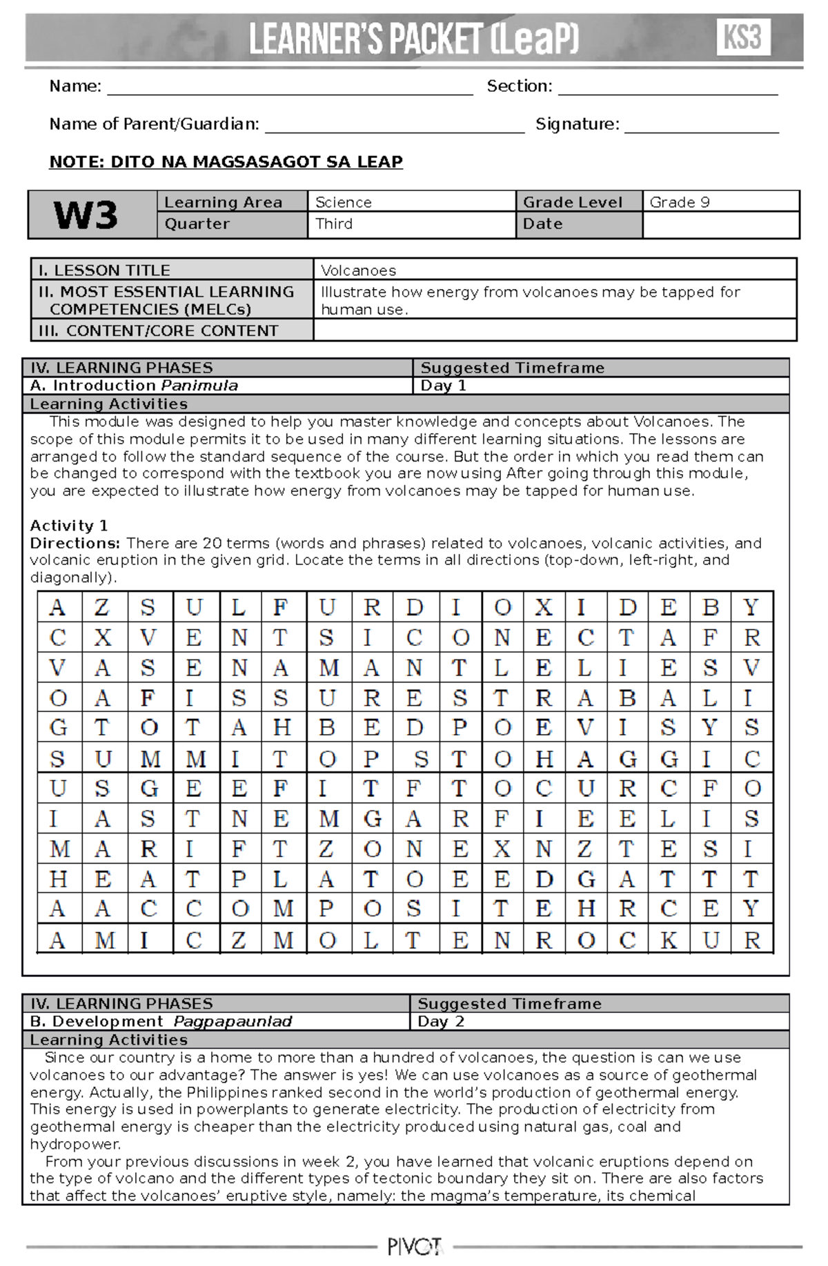 Q3 Gr. 9 Science: Volcanoes Activity & Answer Sheets - Weeks 3-4 - Studocu