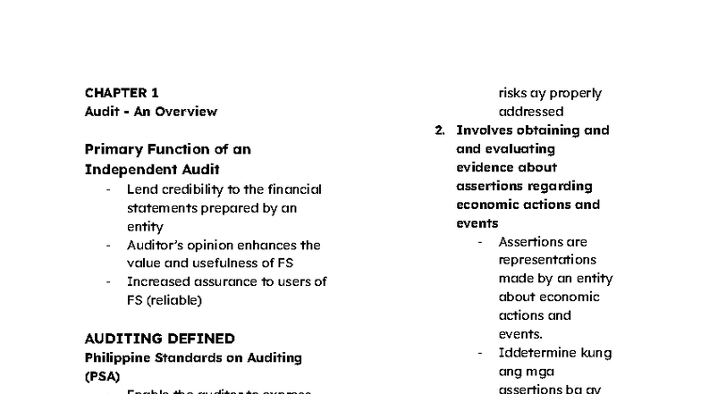 CHAPTER 1 AUDITING THEORY REVIEWER: An Overview of Independent Audits - Studocu