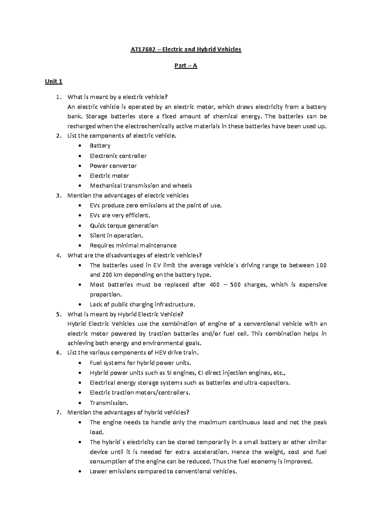 AT17602 - EHV Quiz Question Bank: Electric & Hybrid Vehicles - Studocu