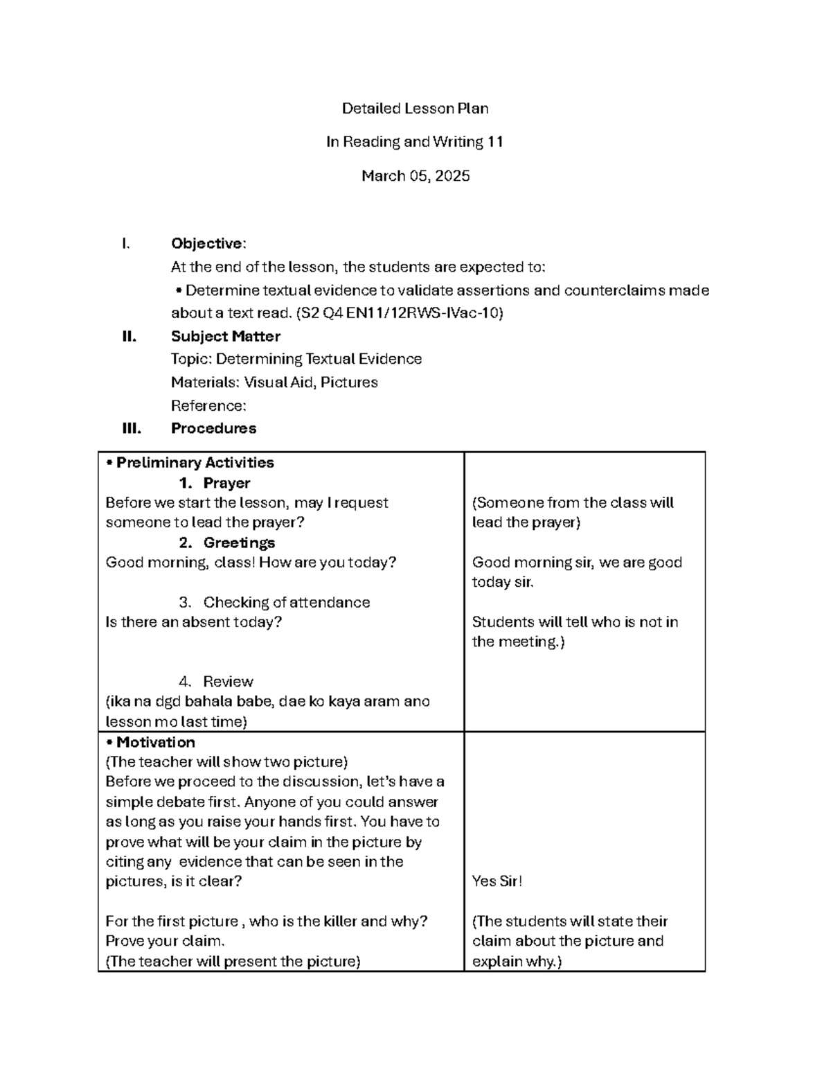 Detailed Lesson Plan on Textual Evidence (Reading & Writing 11) - Studocu