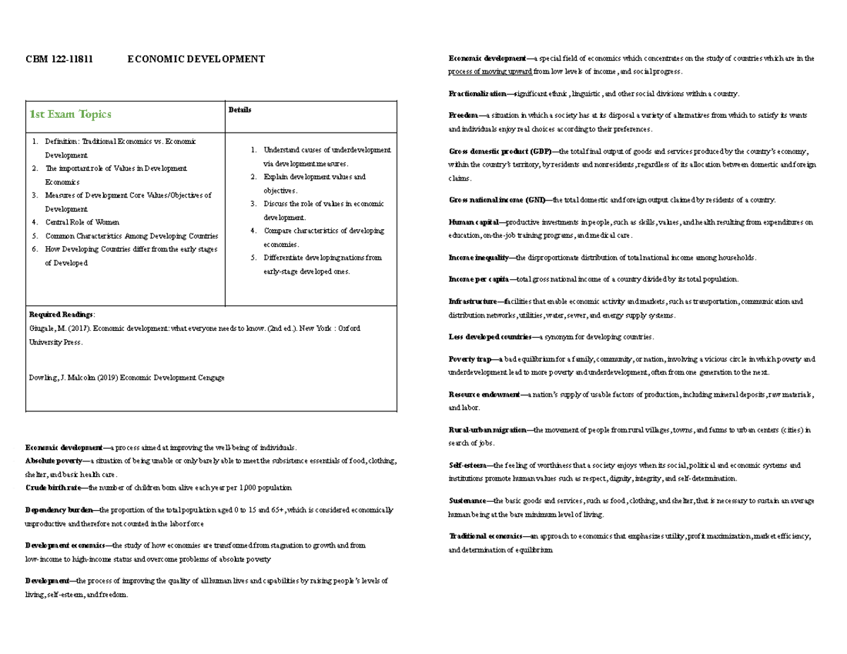 CBM 122-11811 Economic Development: 1st Exam Coverage Notes - Studocu