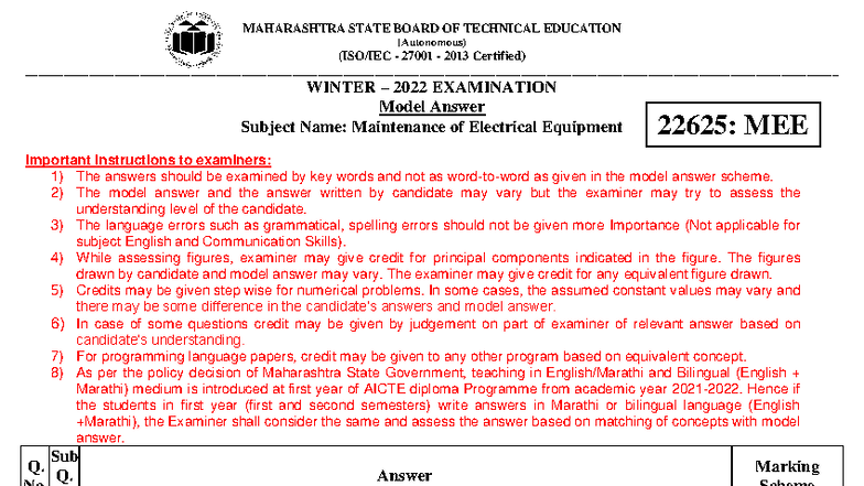 Model Answer Paper for Maintenance of Electrical Equipment 22625: MEE ...