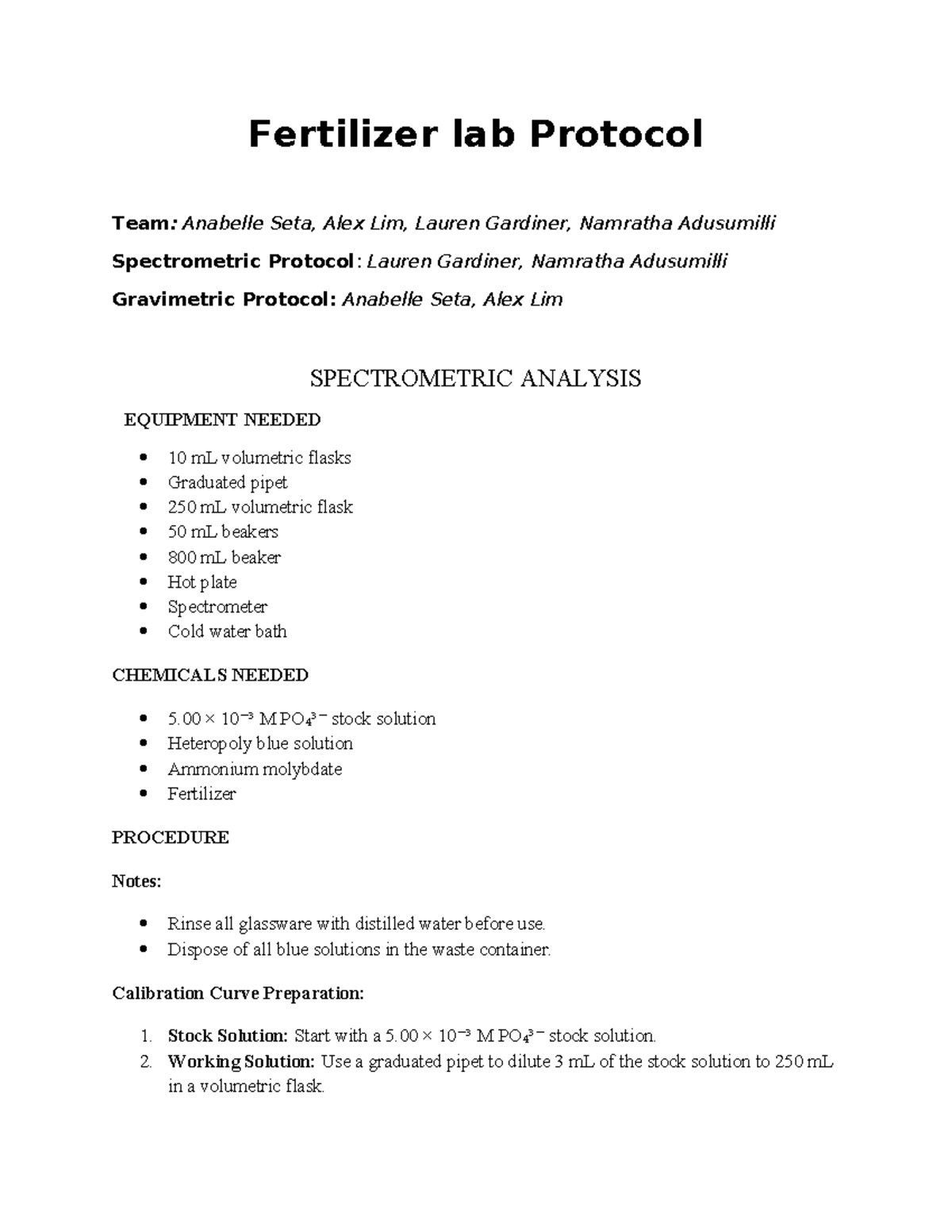 Fertilizer protocol final - Fertilizer lab Protocol Team: Anabelle Seta ...
