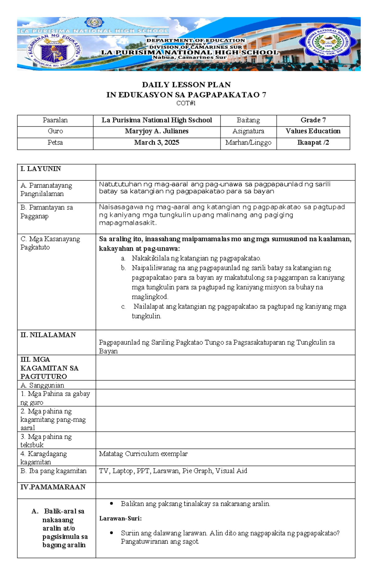 DAILY LESSON PLAN: VALUES EDUCATION GRADE 7 (COT 1-2025) - Studocu