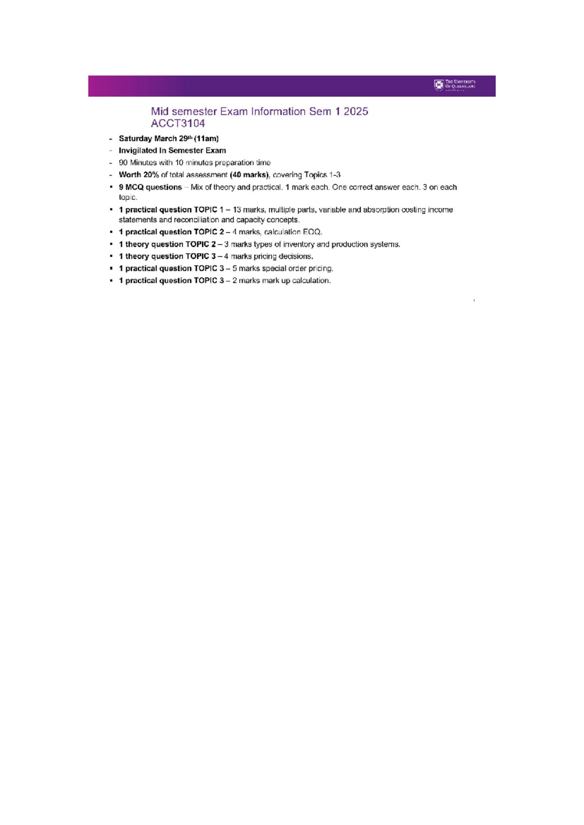 Acct3104 - midterm instruction - THE UNIVERSITY OF QUEENSLAND NETRALIA ...