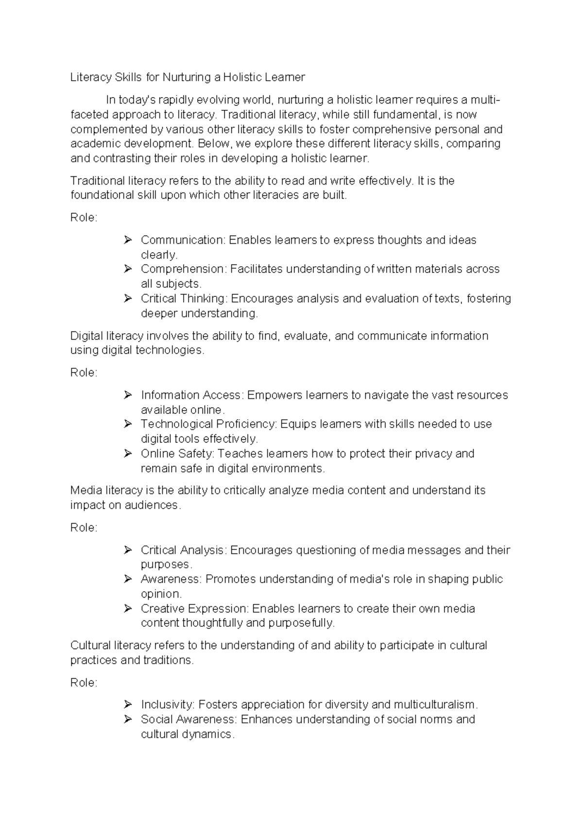 Literacy Skills for Nurturing a Holistic Learner - Traditional literacy ...