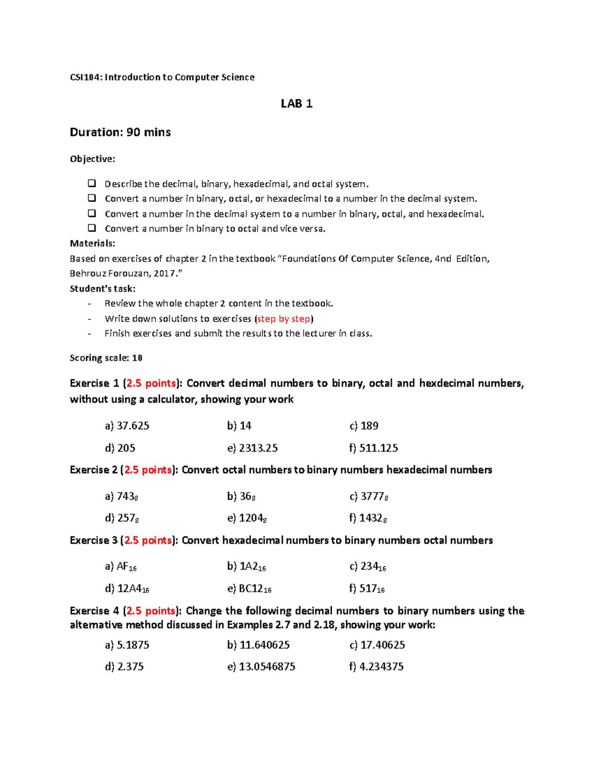 CSI 104 - Lab 1: Number System Conversions & Exercises - Studocu