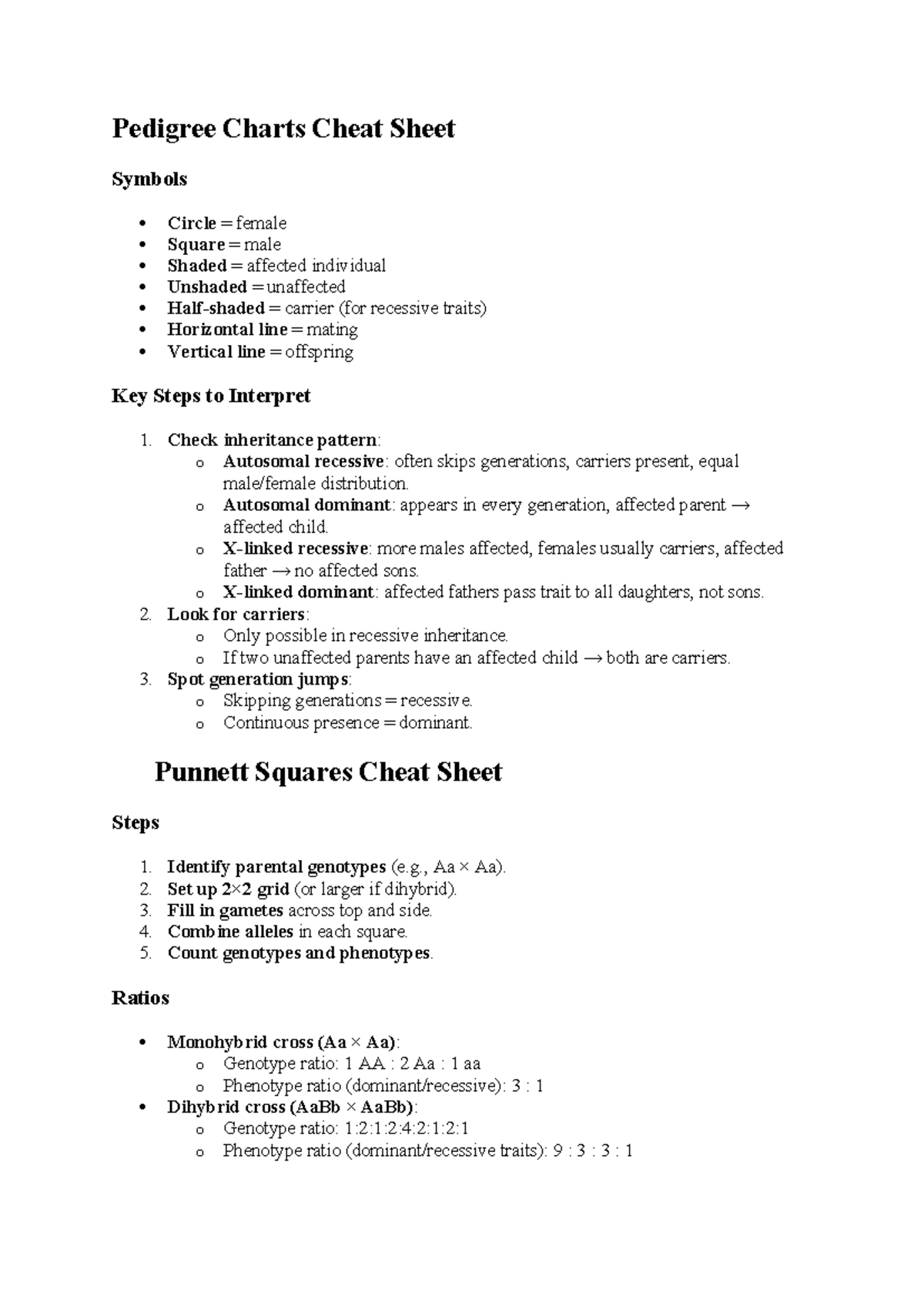 Genetics Cheat Sheet: Pedigree & Punnett Squares Guide - Studocu