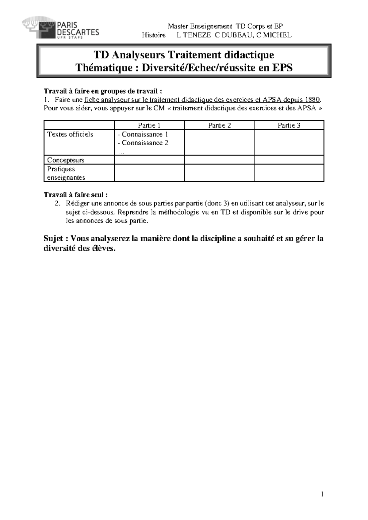 TD Analyseur Traitement Didactique en EPS - Histoire L TENEZE C DUBEAU - Studocu