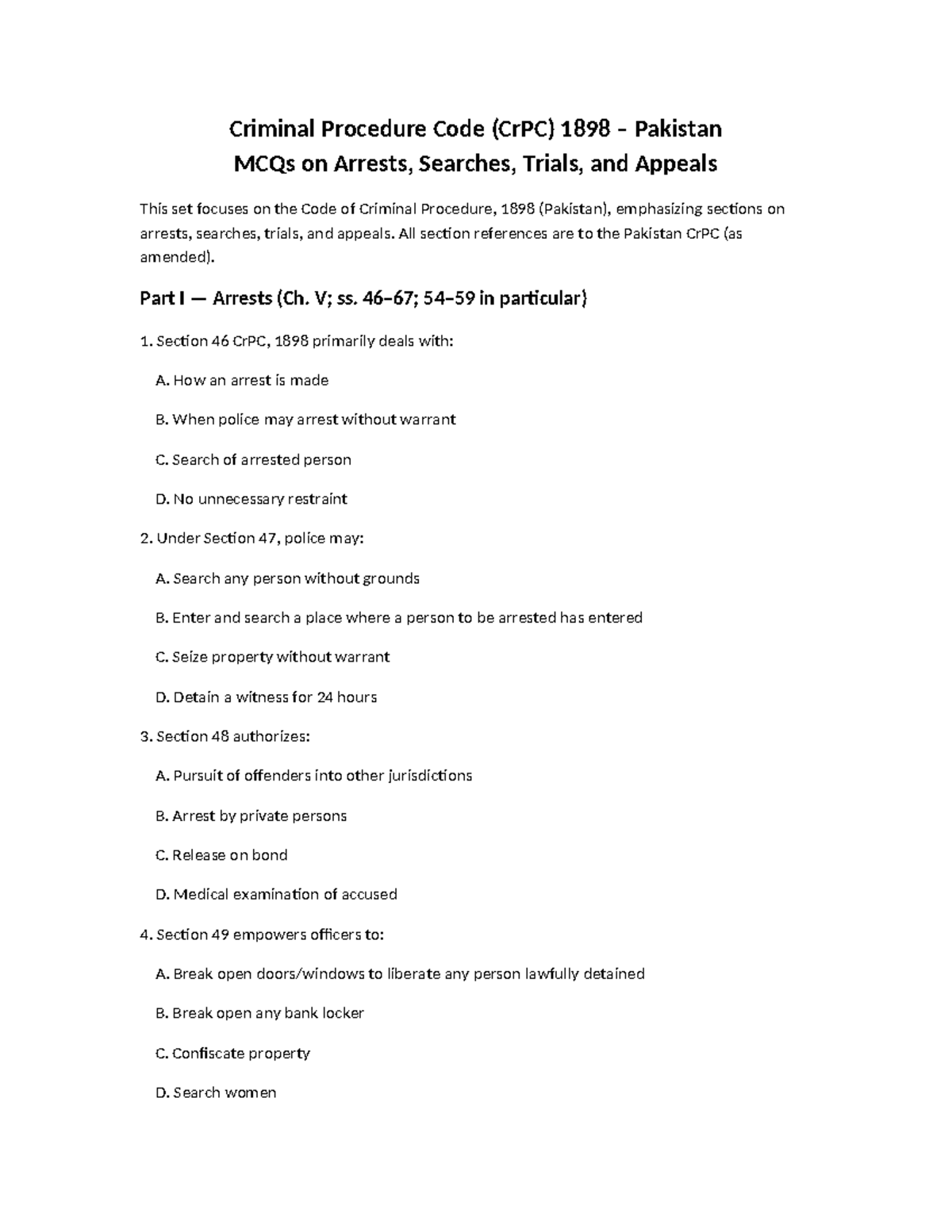 CrPC 1898 Pakistan: MCQs on Arrests, Searches, Trials & Appeals - Studocu