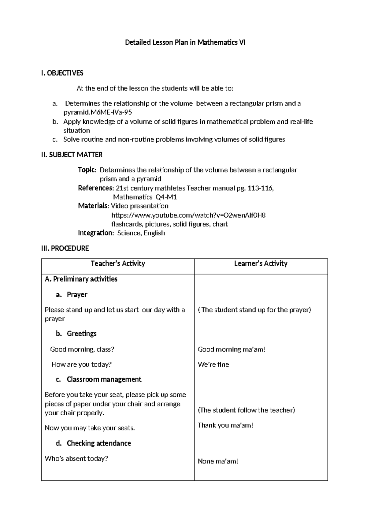 MATH6 - Detailed Lesson Plan on Volume of Rectangular Prism & Pyramid ...
