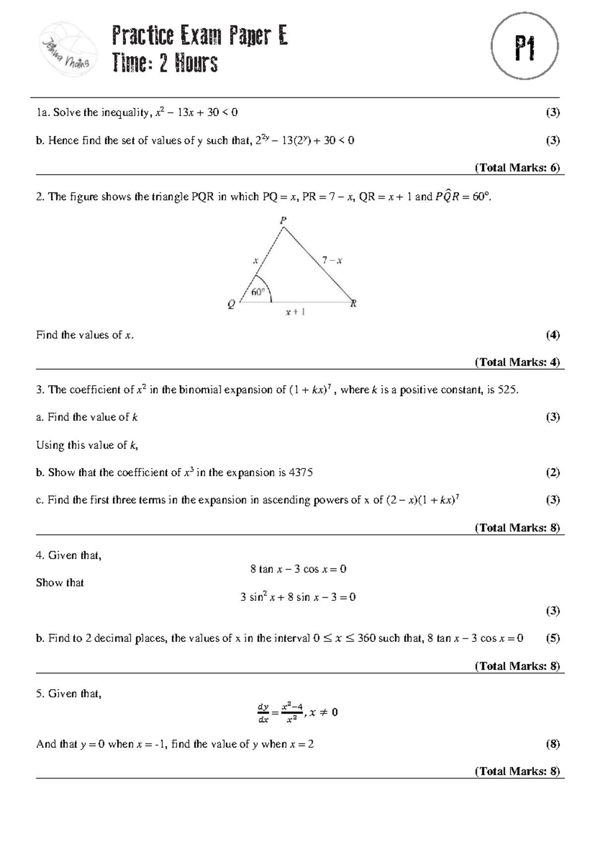 P1 Practice Exam Paper E: Mathematics Practice Questions - Studocu